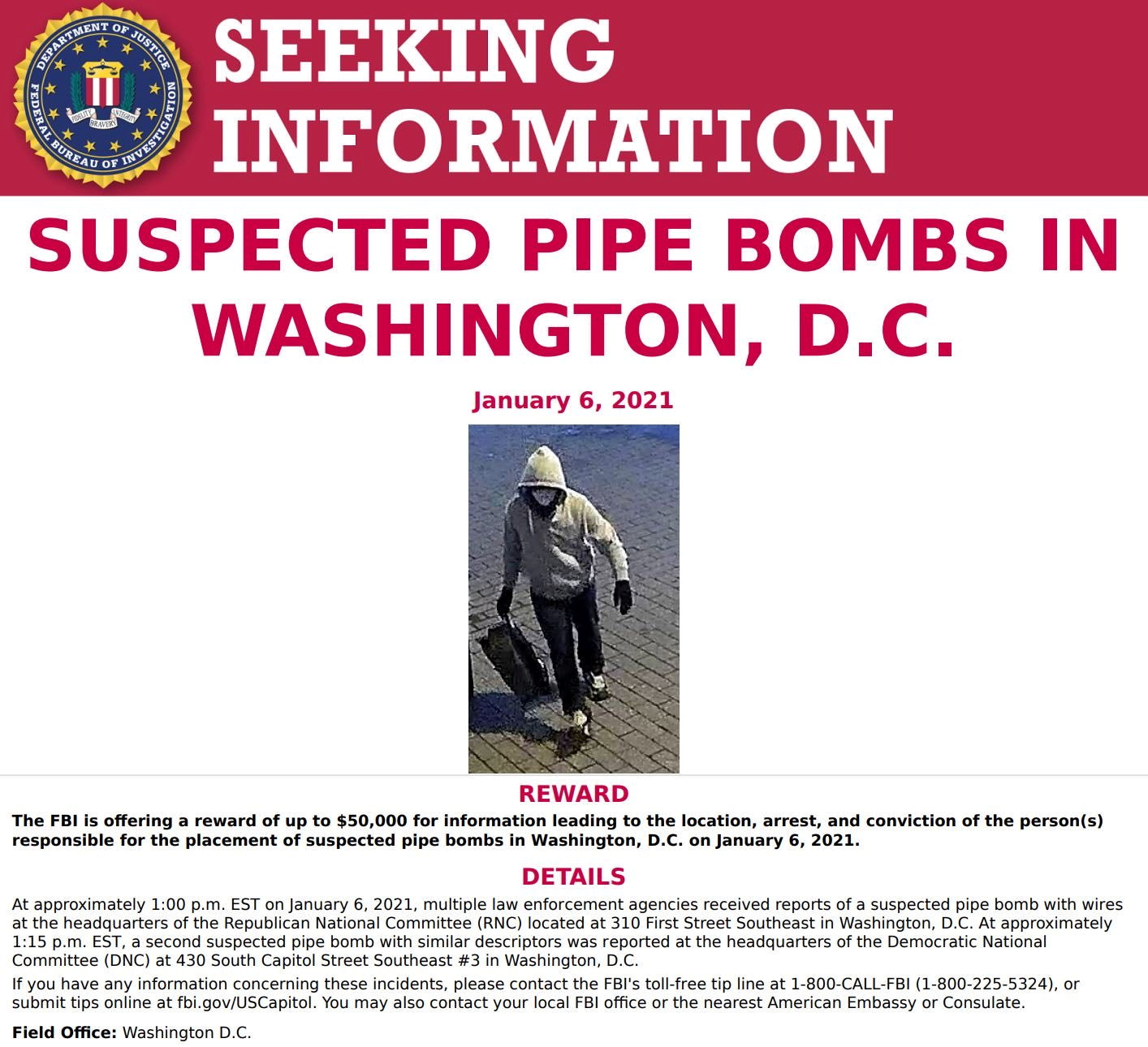 FBI offers reward for details of those behind Washington pipe bombs ...